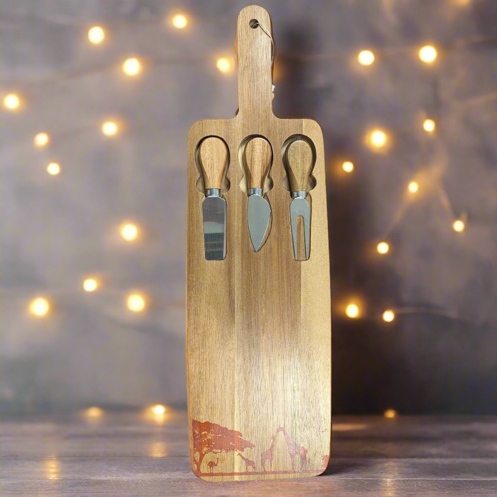 South African Acacia Wood Serving Board with Magnetic Cheese Knives ...